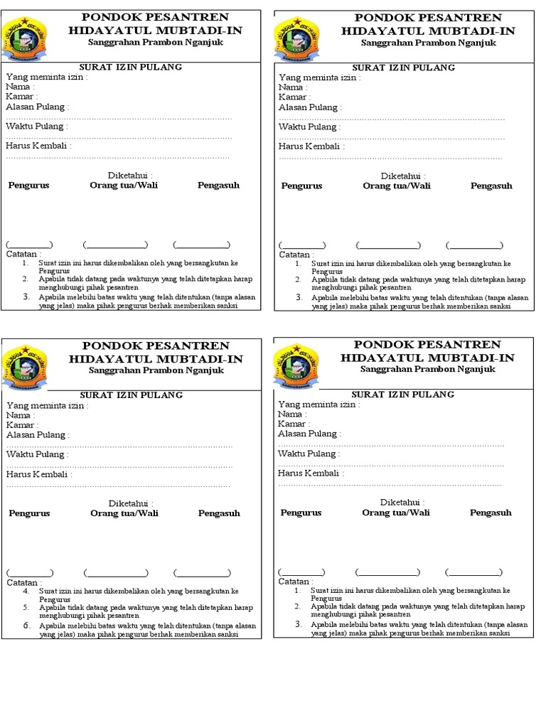 Surat Izin Pulang Pondok Pesantren | PDF