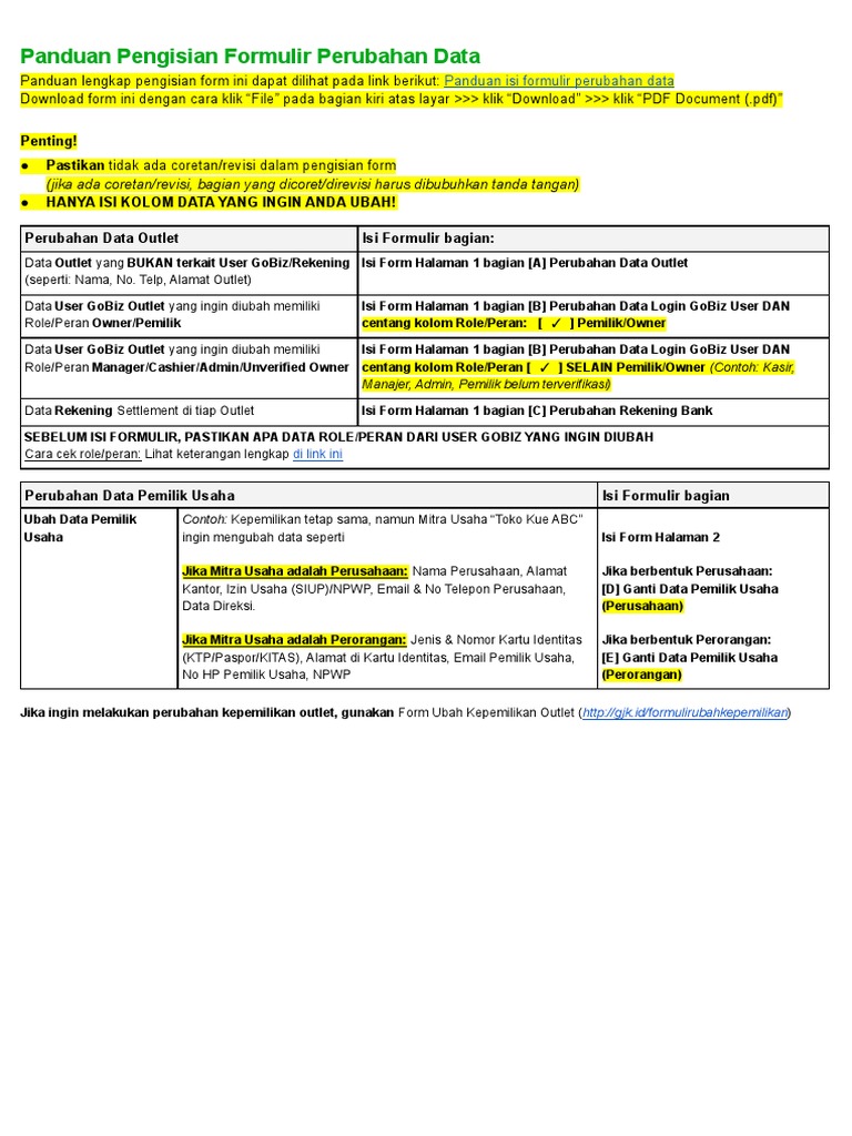 Formulir Perubahan Data Mitra Usaha Gojek (Versi 11.2022) | PDF
