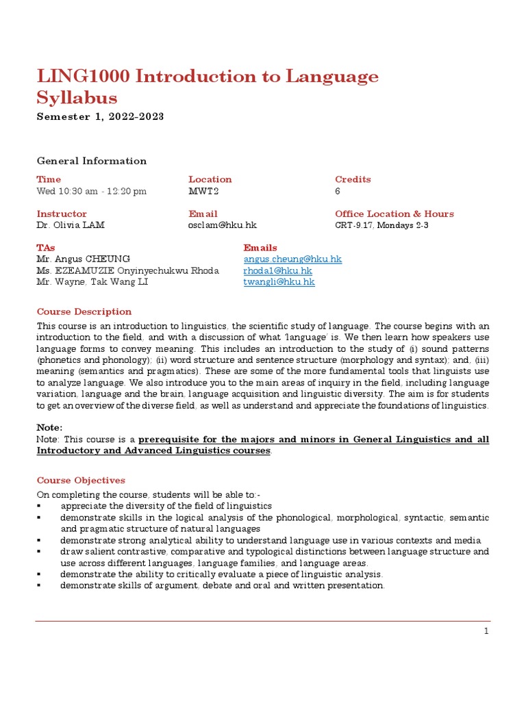 LING1000 Syllabus 20220907 | PDF | Plagiarism | Linguistics