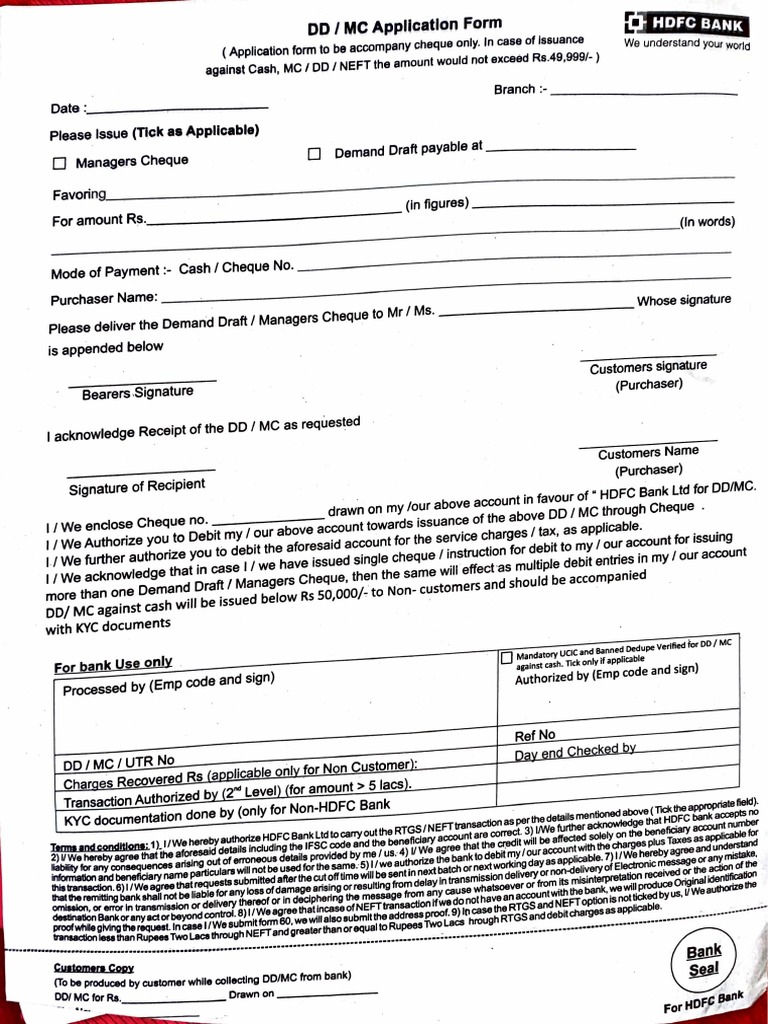 DD Form HDFC | PDF | Cheque | Debit Card