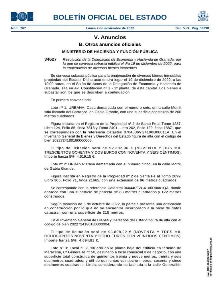 Boe B 2022 34627 | PDF | Subasta | Granada