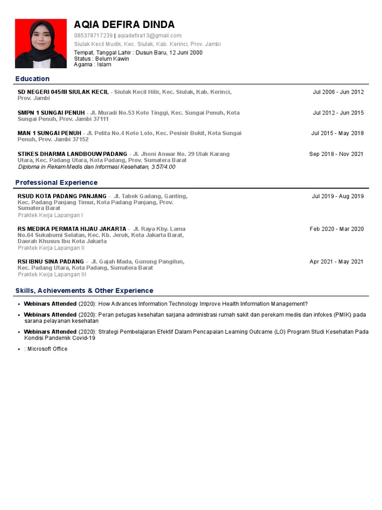 CV Aqia Defira Dinda | PDF | Karier & Perkembangan