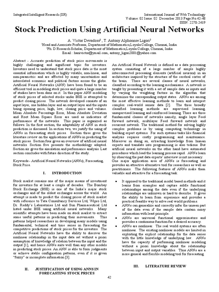 Stock Prediction Using Artificial Neural Networks Pdf Artificial Neural Network Forecasting