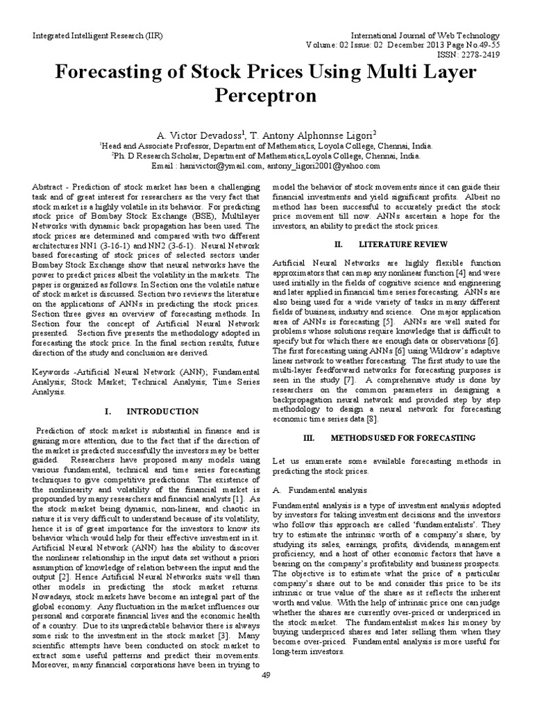 Forecasting of Stock Prices Using Multi Layer Perceptron | PDF