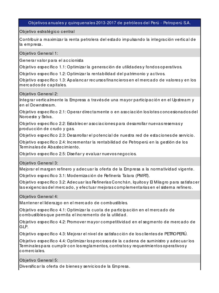 Objetivos Anuales y Quinquenales 2013-2017 de Petroleos Del Peru ...