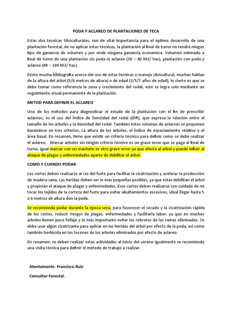 Poda y Aclareo de Plantaciones de Teca | PDF | Arboles | Poda