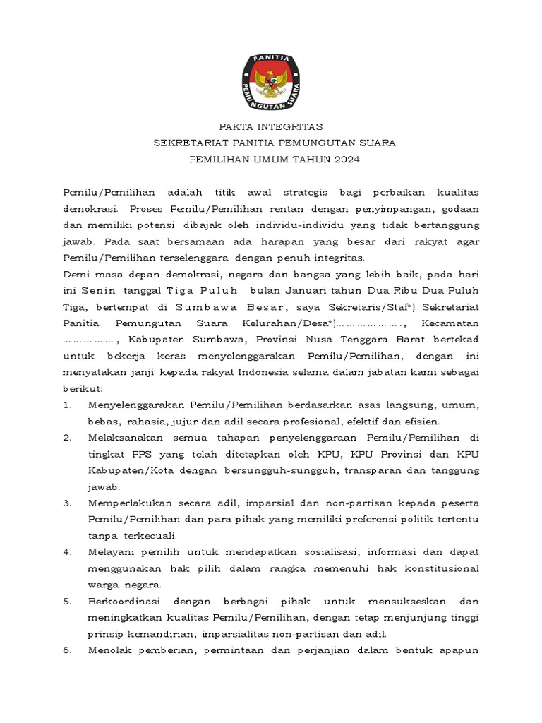 Pakta Integritas Sek - Pps 2024 | PDF