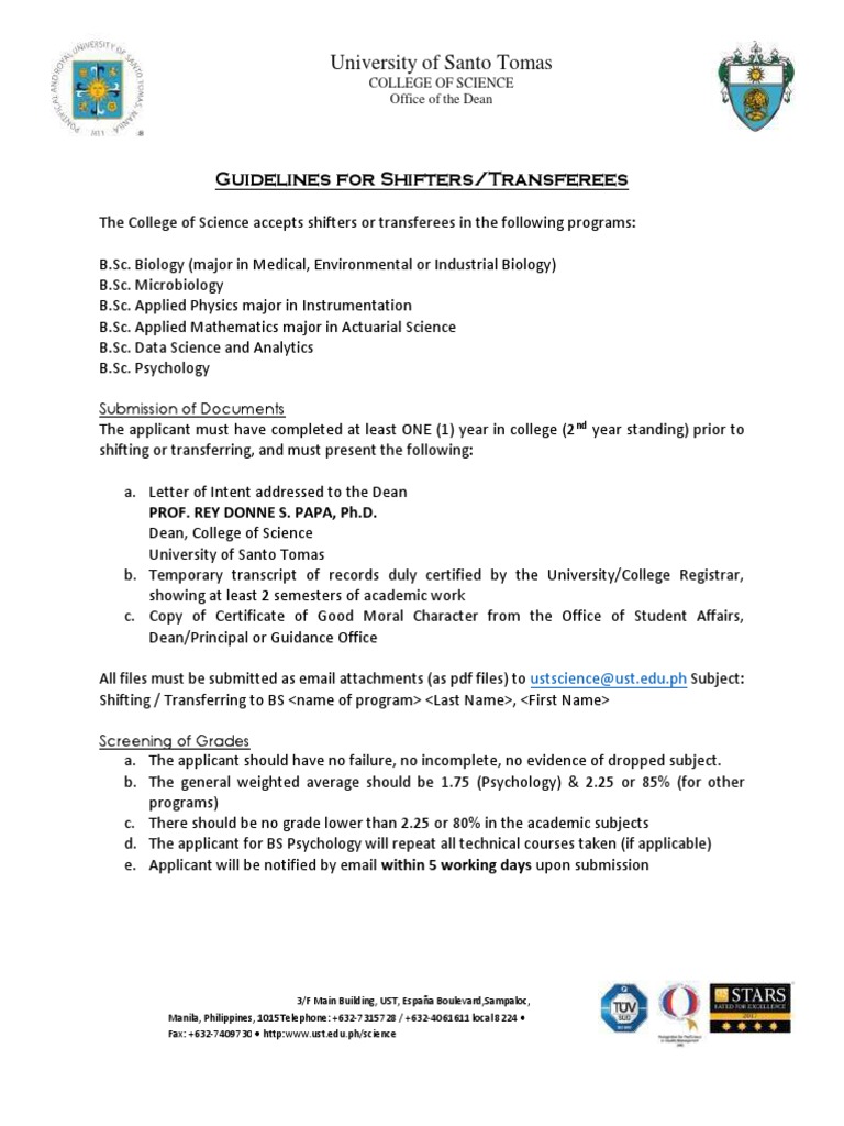 UST College of Science Shifting Guidelines | PDF | University And ...