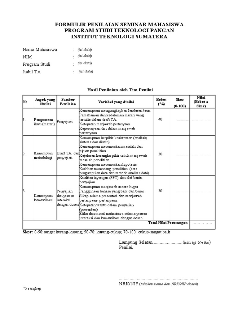 Formulir Penilaian Seminar Mahasiswa | PDF