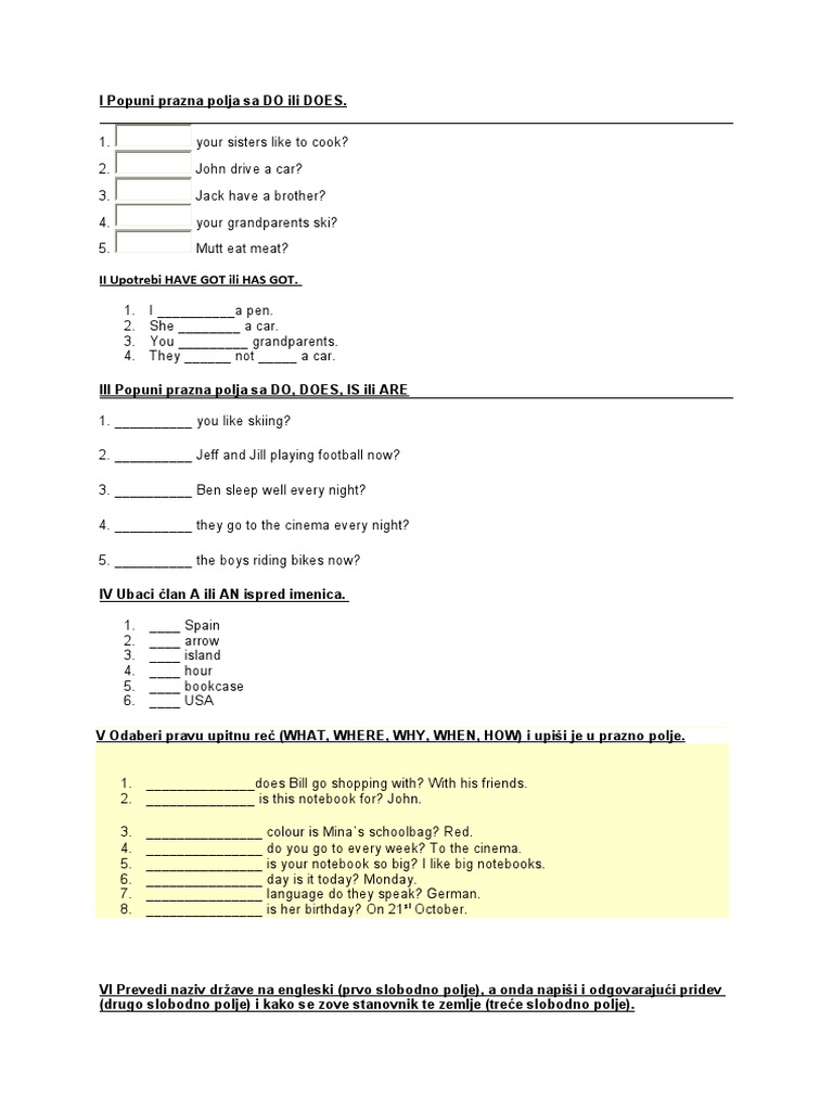 Test Iz Engleskog Jezika IV Razred | PDF