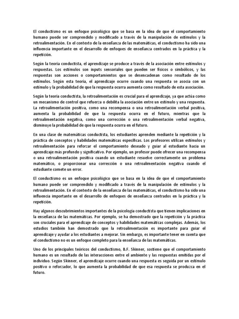 Conductismo en la enseñanza matemática | PDF | Behaviorismo | Aprendizaje
