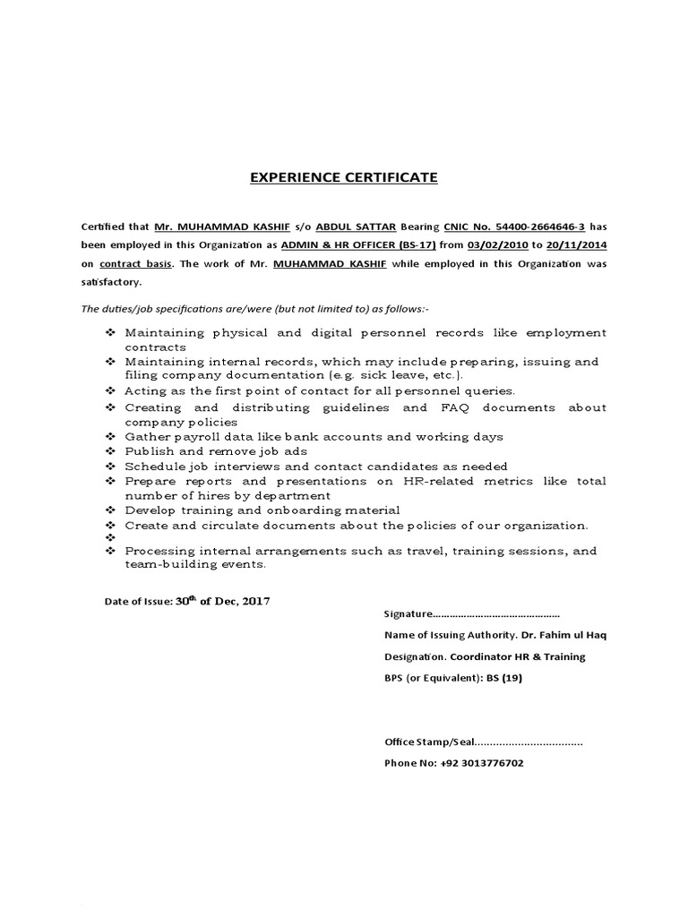 Experience Certificate Al Khidmat Pdf