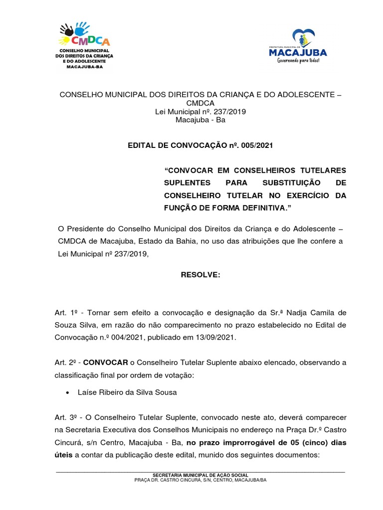 Convocação de Conselheiro Tutelar Suplente para Substituição Definitiva ... Convocação de Conselheiro Tutelar Suplente para Substituição Definitiva ...