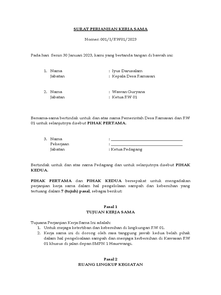 Contoh Surat Perjanjian Kerjasama Dalam Bidang Bisnis Fh Uii Pdf