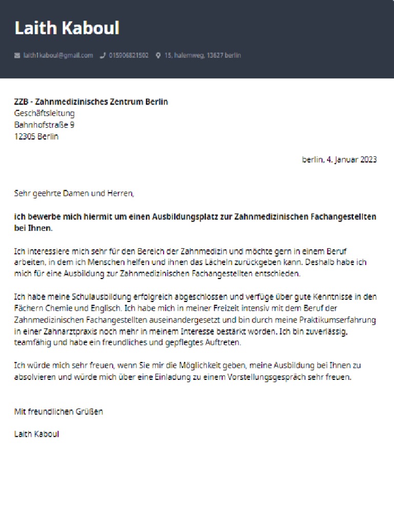 Zahnmedizin Bewerbung | PDF