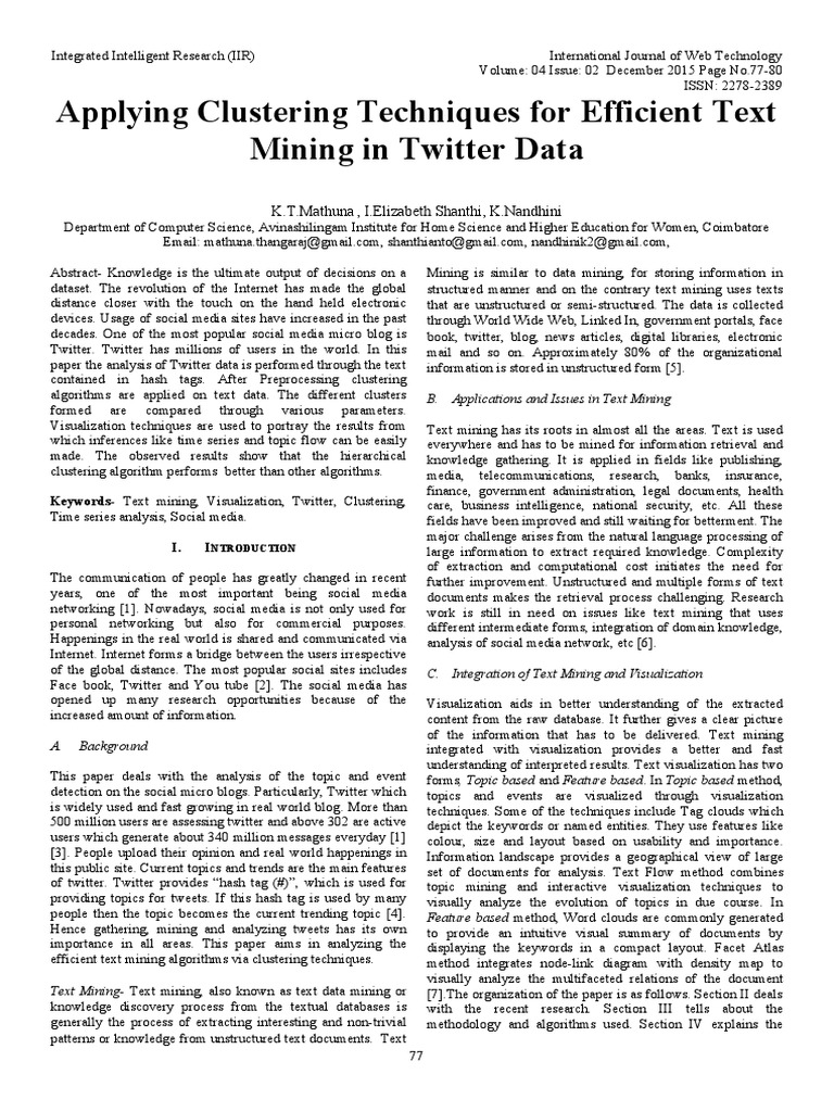 Applying Clustering Techniques For Efficient Text Mining in Twitter Data | PDF