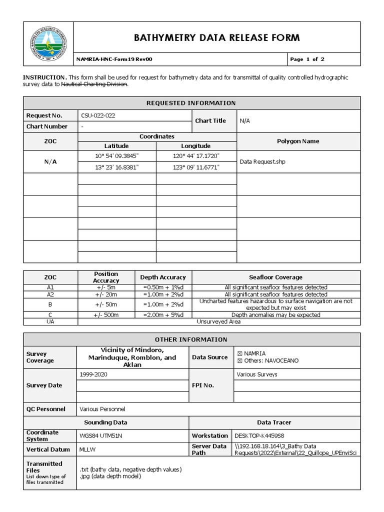 Bathymetry Data Release Form - Quillope - Visayas Region | PDF ...