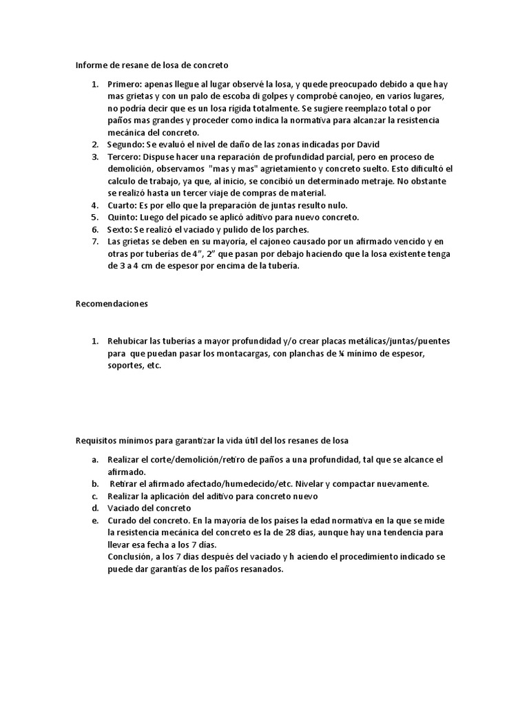 Informe de Resane de Losa de Concreto | PDF