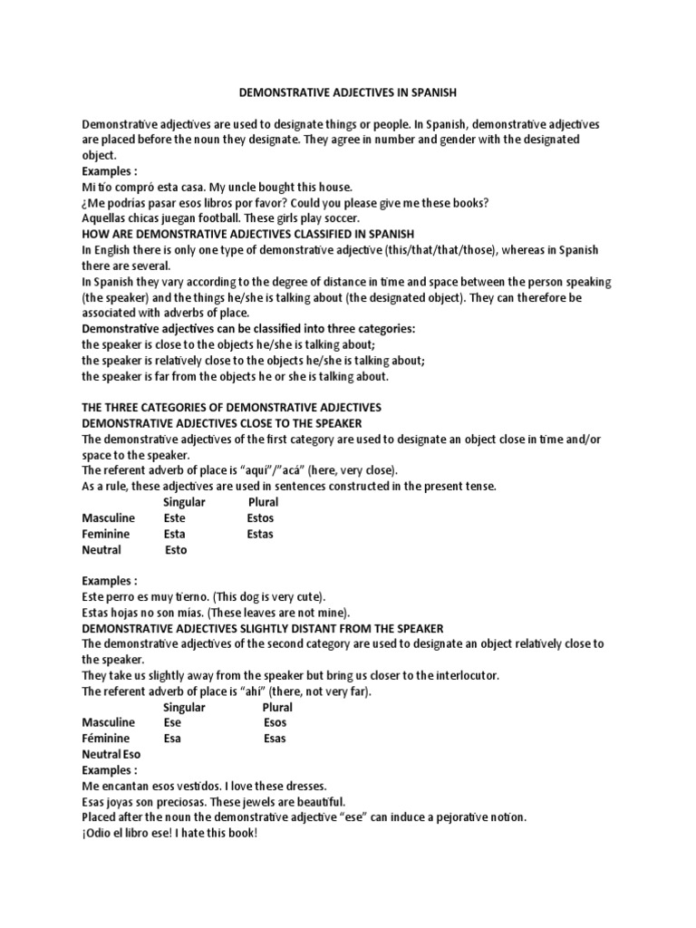 Spanish Demonstrative Adjectives Guide | PDF | Grammatical Gender ...