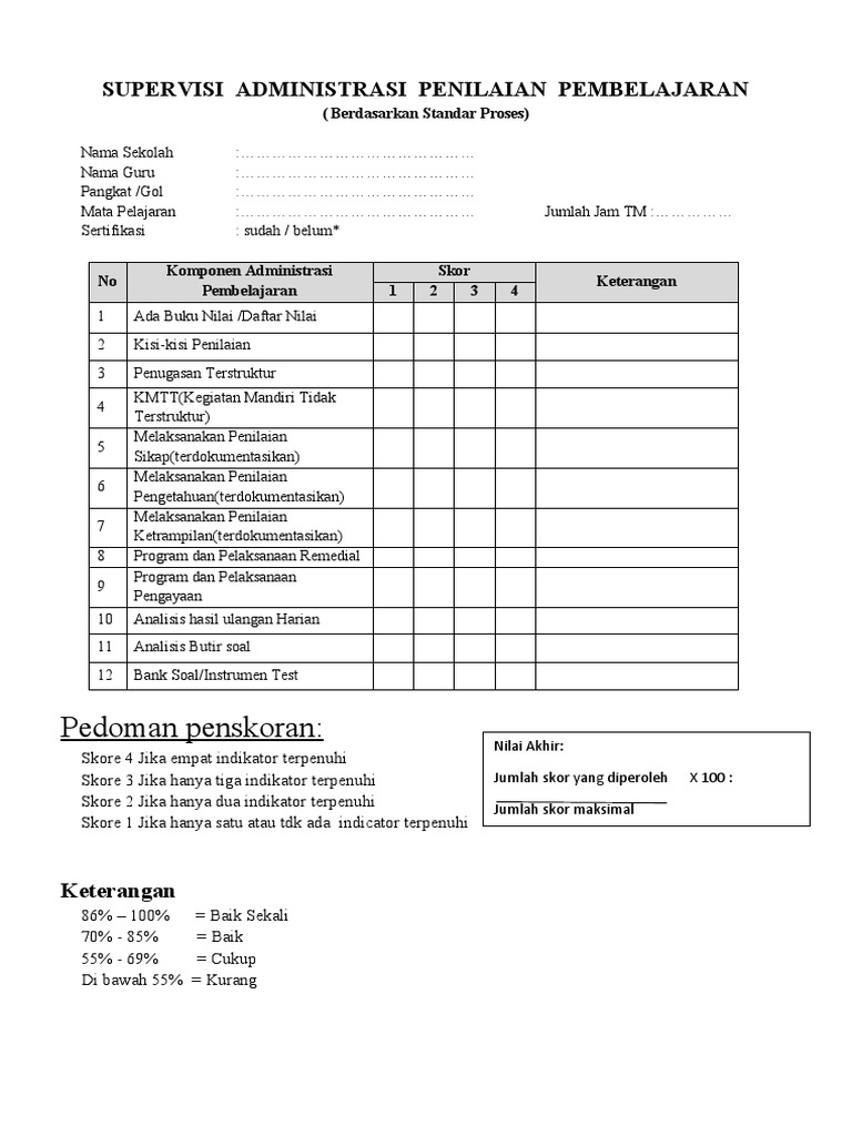 Supervisi Administrasi Penilaian Pembelajaran | PDF