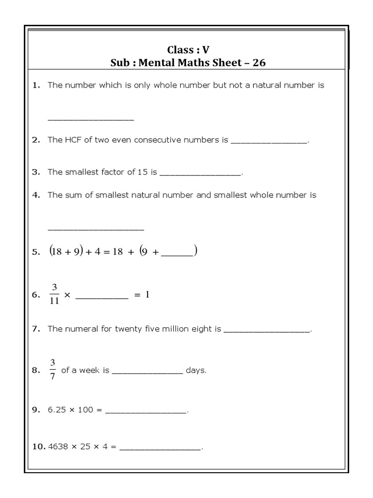 CBSE Class 5 Mathematics Worksheet - Mental Maths | PDF CBSE Class 5 Mathematics Worksheet - Mental Maths | PDF
