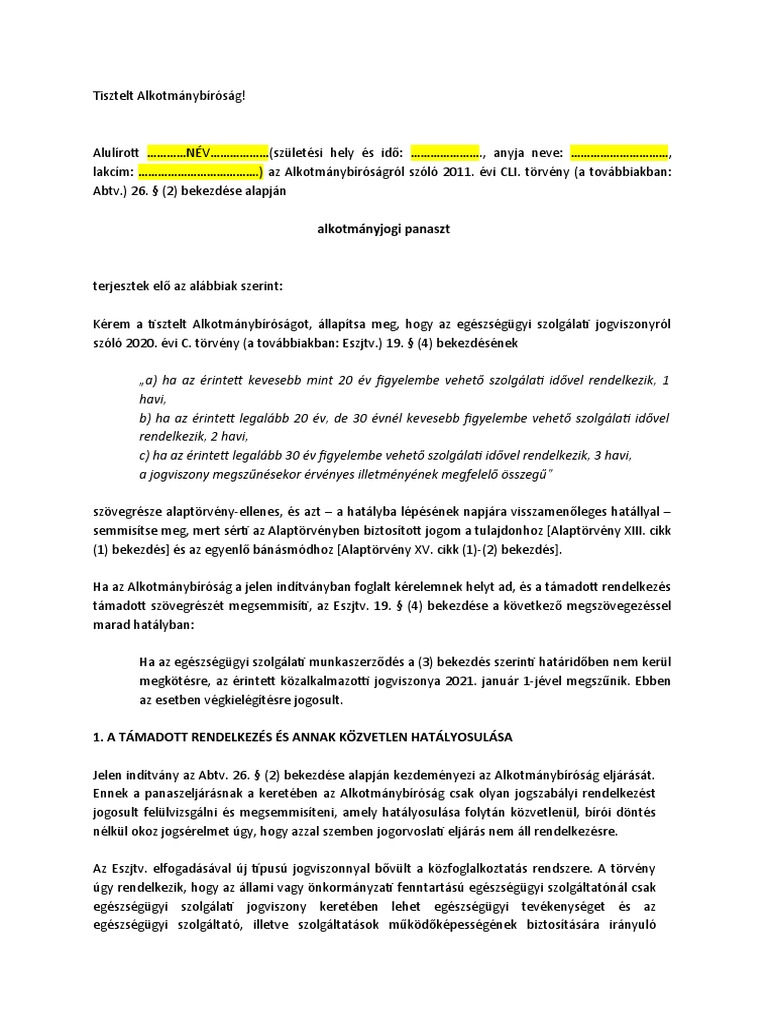 Alkotmanyjogi Panasz Minta Eszjtv Vegkielegites KOZALKALMAZOTTAK | PDF