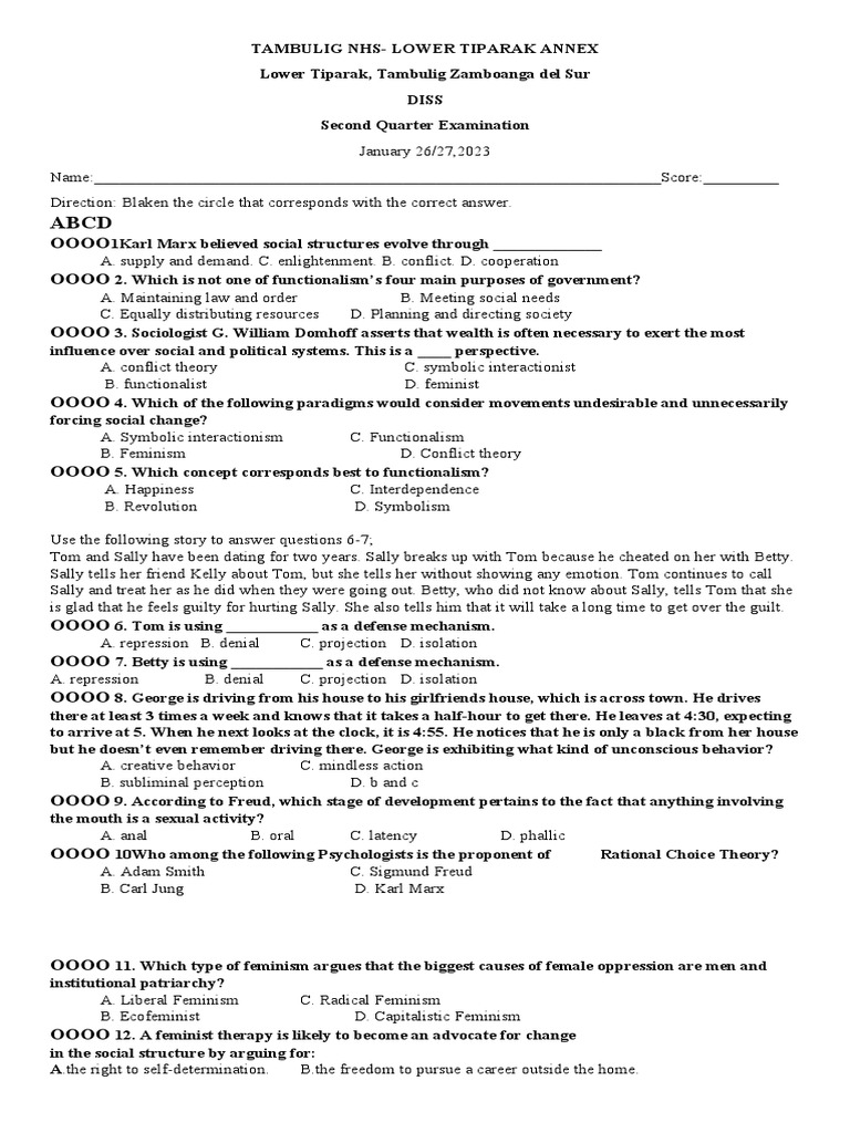 DISS 2nd Quarter Test | PDF | Phenomenology (Philosophy) | Feminism
