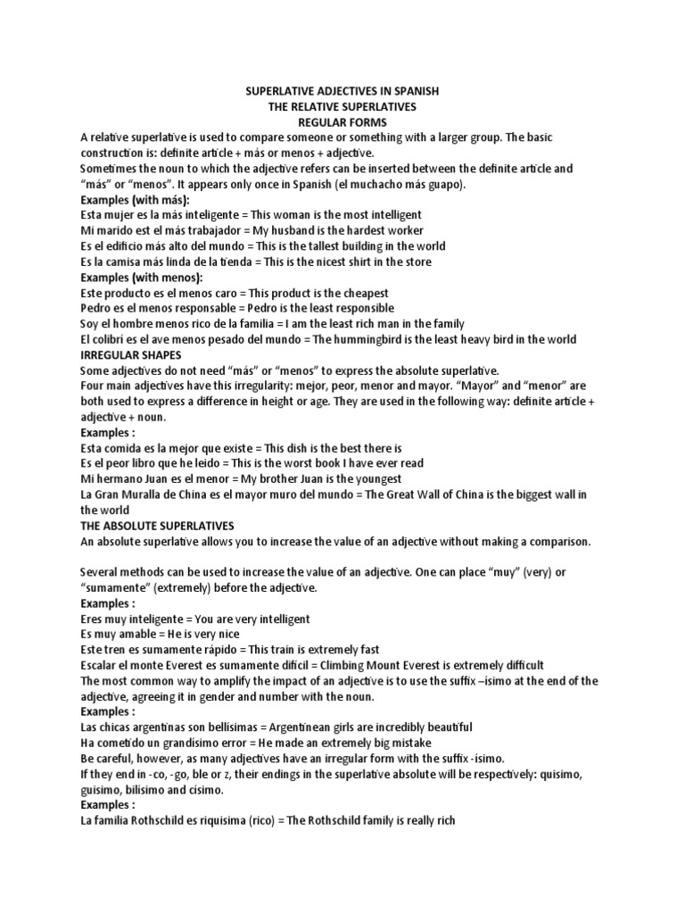 Spanish Superlative Adjectives Guide | PDF | Adjective | Semantic Units