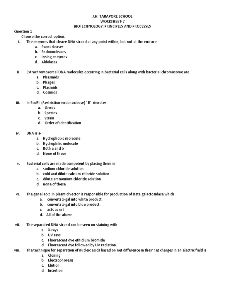 STD 12 - 8 Worksheet Biotechnology Principles and Processes | PDF ...