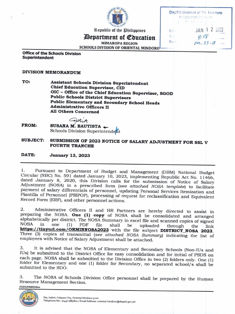 Submission of 2023 Notice of Salary Adjustment For SSL V Fourth Tranche ...