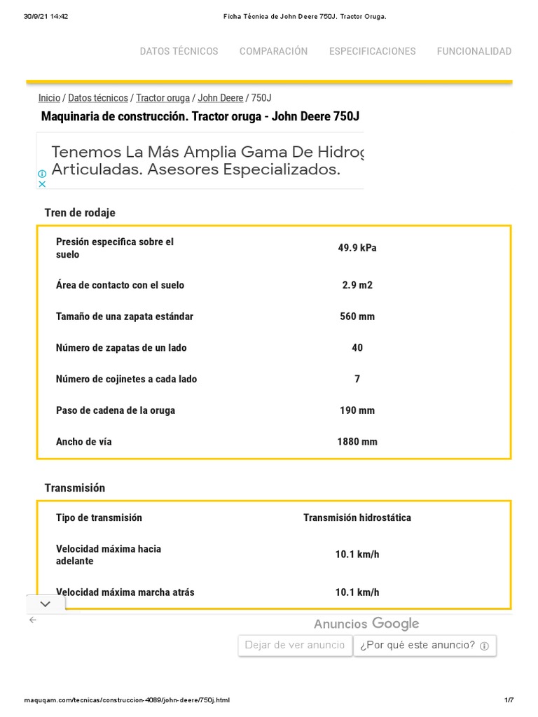 Ficha Técnica de John Deere 750J. Tractor Oruga | PDF | Bomba | Tractor