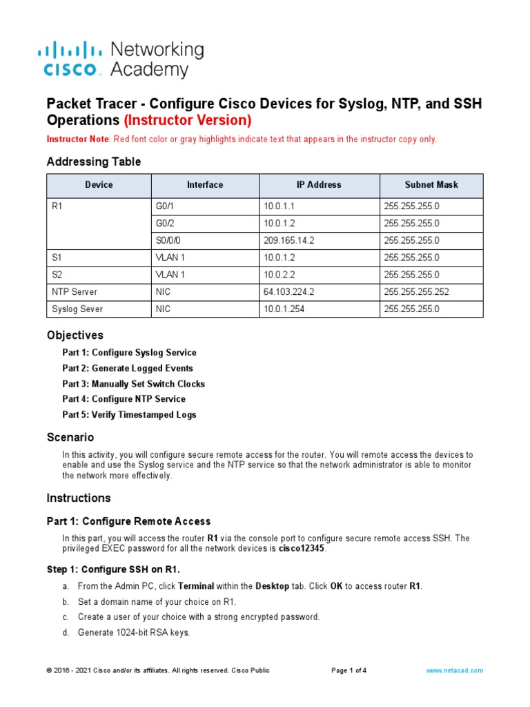 6 7 12 Packet Tracer Configure Cisco Devices For Syslog Ntp And Ssh Operations Ilm Pdf