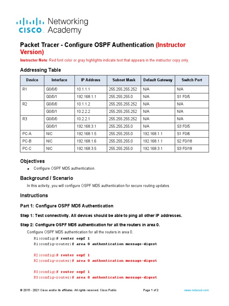 6 3 7 Packet Tracer Configure Ospf Authentication Ilm Pdf Router Computing Network