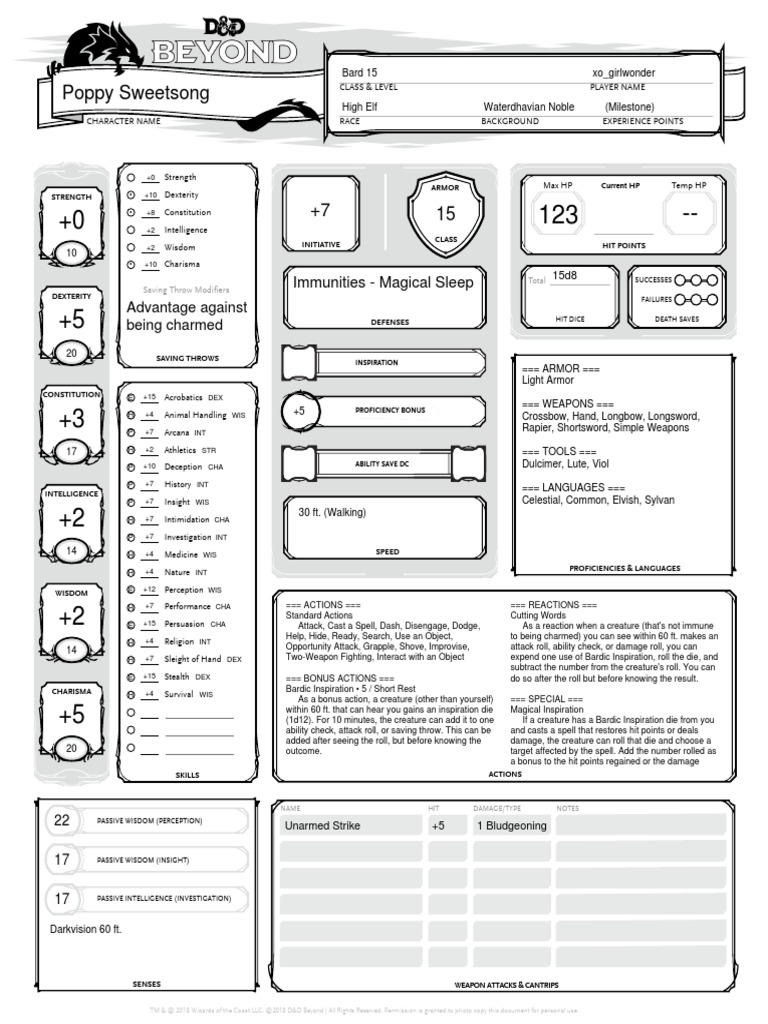Poppy Sweetsong - Lore Bard | PDF | Gary Gygax Games | Role Playing Games