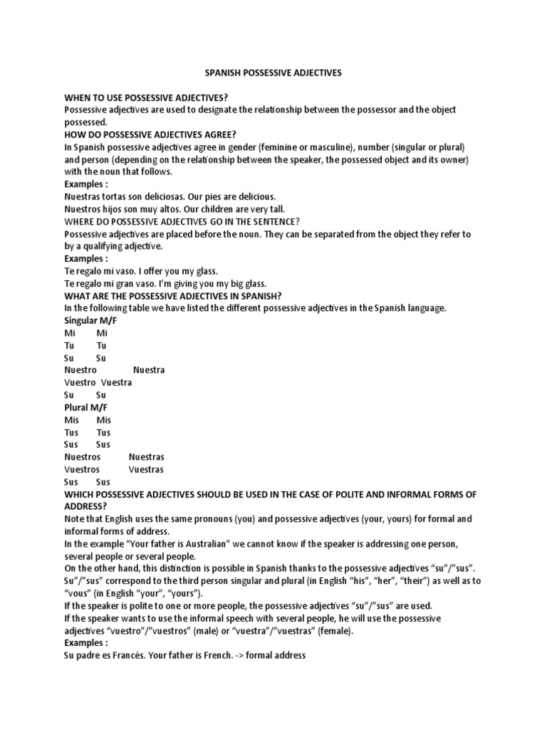 Spanish Possessive Adjectives | PDF | Grammatical Gender | Linguistic ...