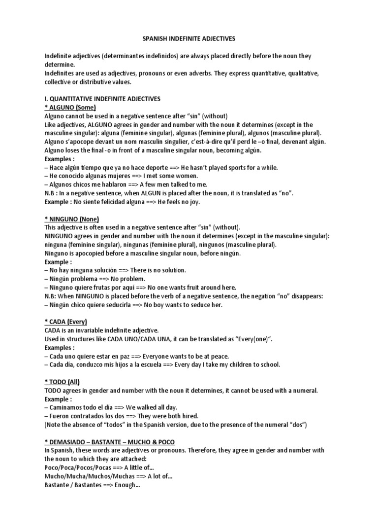 Spanish Indefinite Adjectives | PDF | Grammatical Gender | Grammatical ...