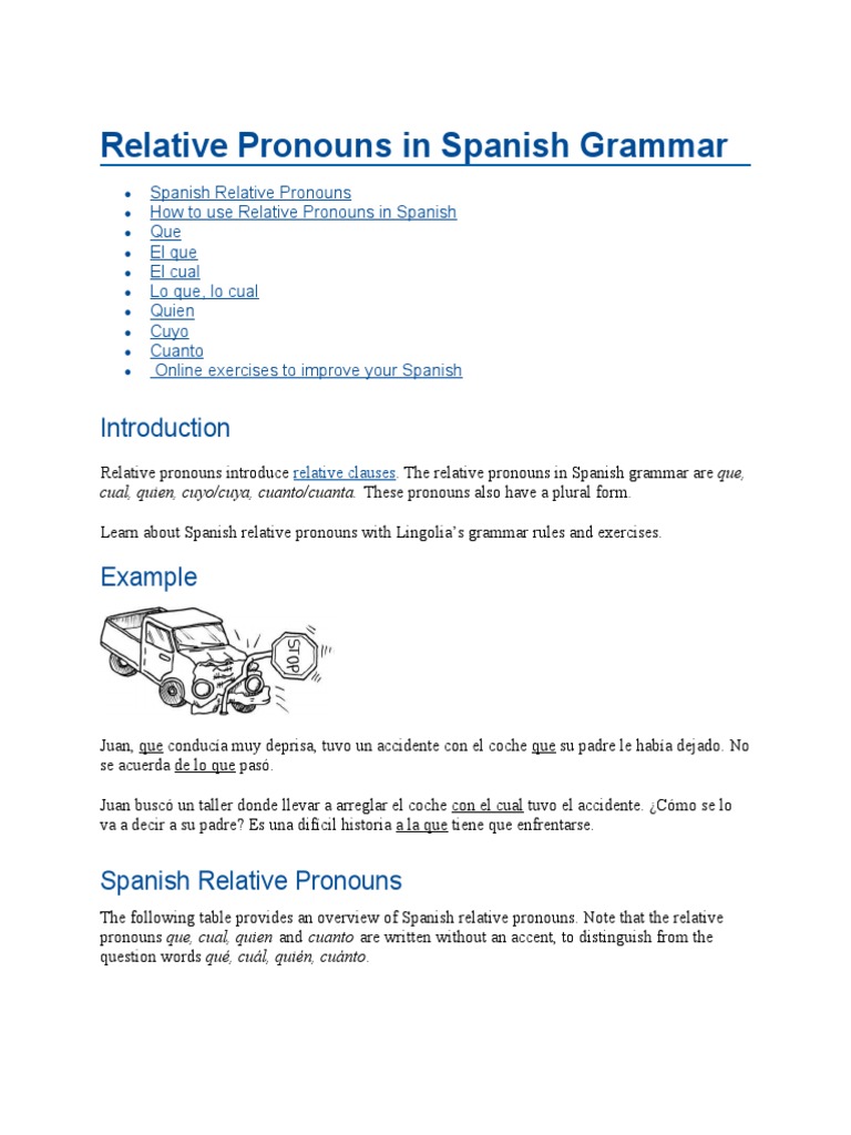 Relative Pronouns in Spanish Grammar | PDF
