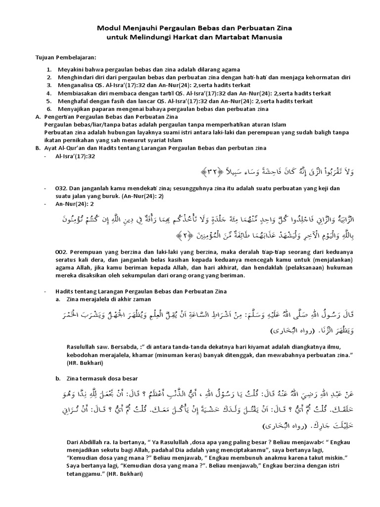 Modul X.2.2 Menjauhi Pergaulan Bebas Dan Perbuatan Zina Untuk Melindungi Harkat Dan Martabat ...