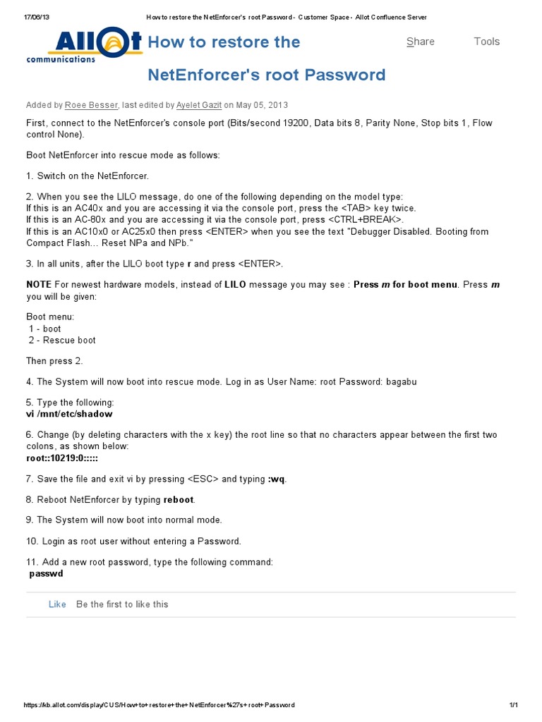 Resetting NetEnforcer Root Password | PDF | Computers