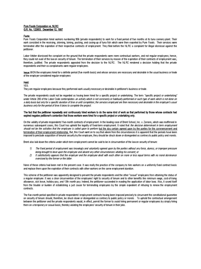 Pure Foods Corp. Employee Status Ruling | PDF | Cost Of Living | Employment