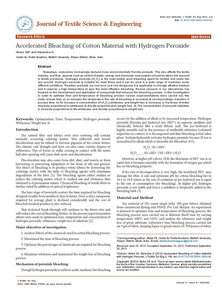Accelerated Bleaching of Cotton Material With Hydrogen Peroxide 2165 ...