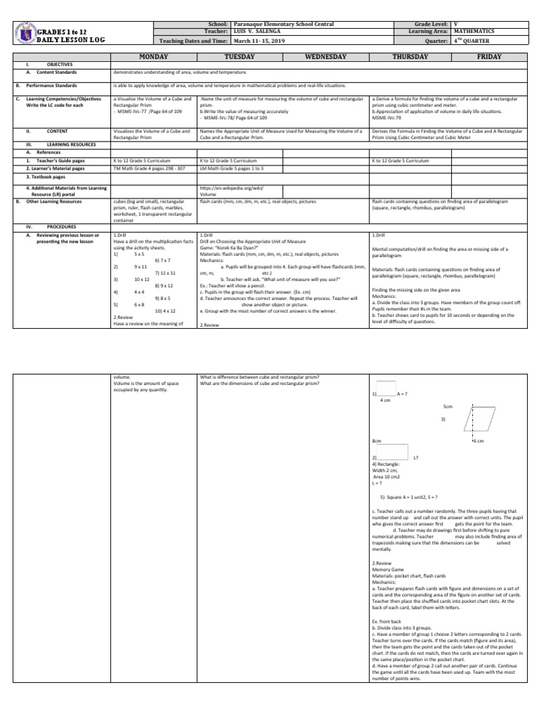 DLL - Mathematics 5 - Q4 - W3 | PDF | Volume | Length