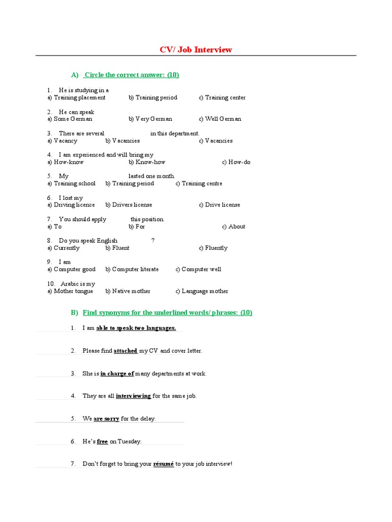ESL Job Interview Worksheet | PDF | Driver's License