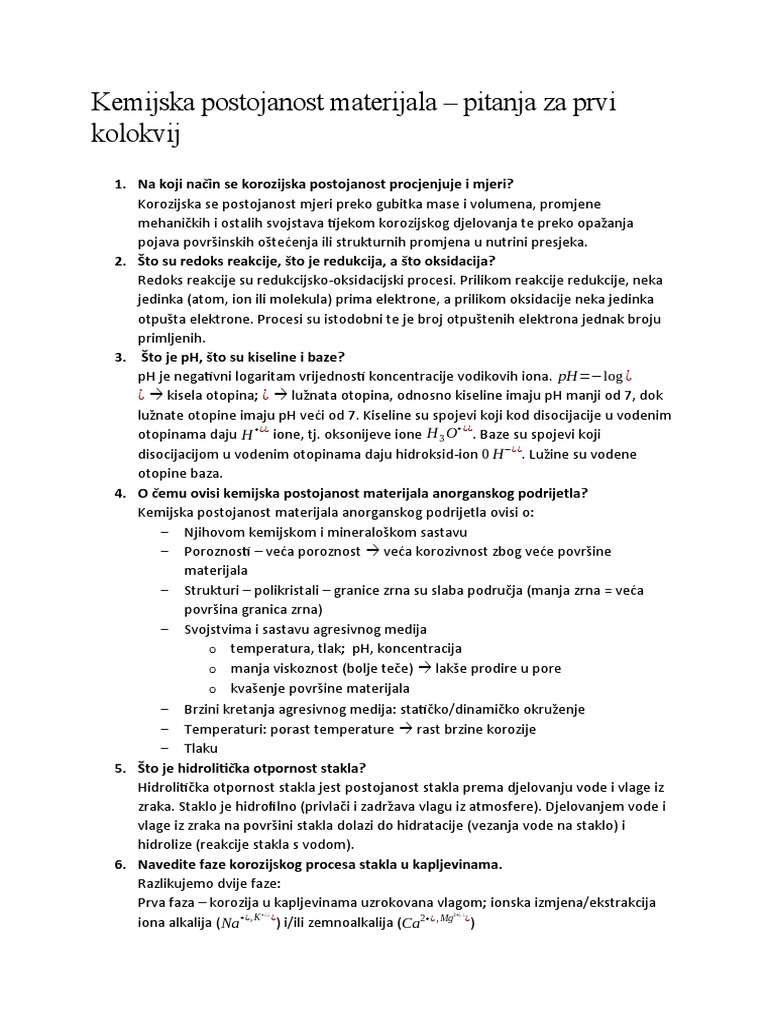 KPM Kemijska Postojanost Materijala 1. Kolokvij | PDF