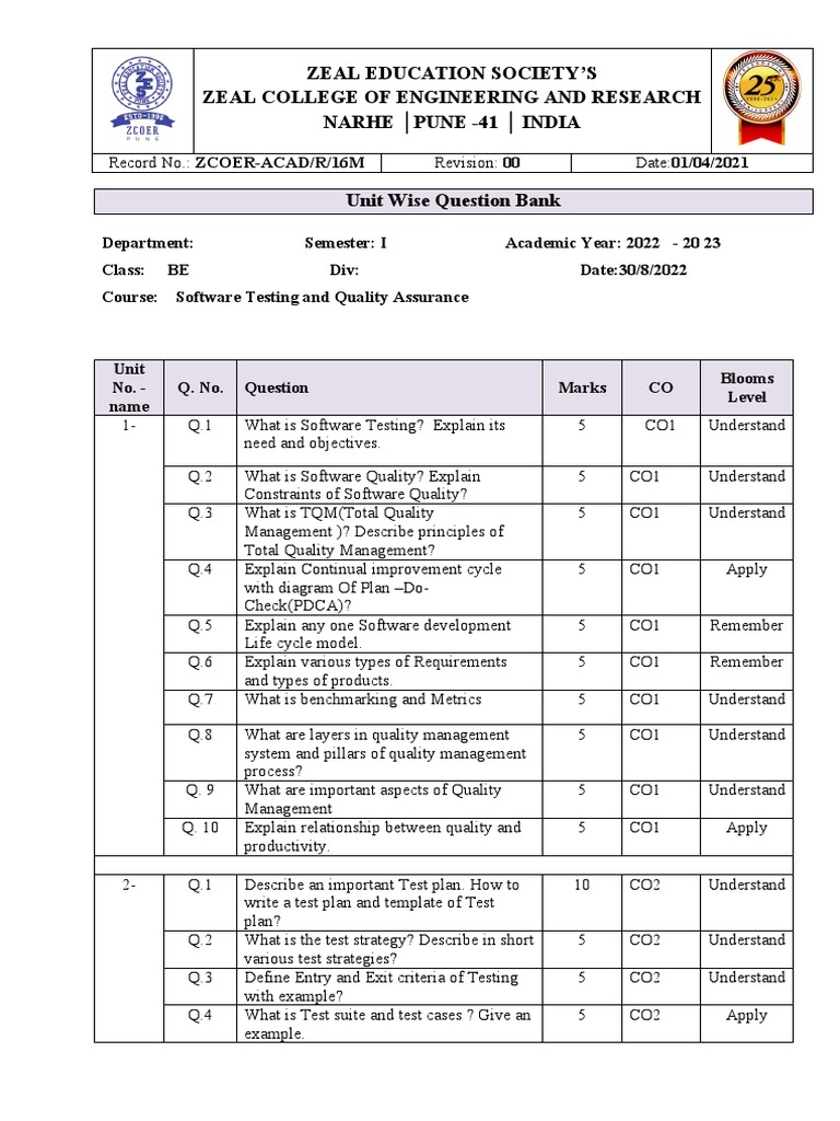 Question Bank - Software Testing - U1, U2 | PDF | Software Testing ...