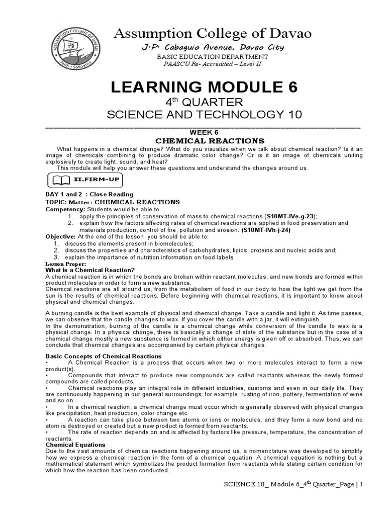 4th QUARTER-Module-6-CHEMICAL REACTIONS | PDF | Chemical Reactions ...