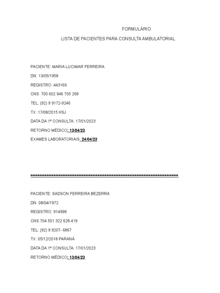 Lista de Pacientes para Consulta Ambulatorial | PDF