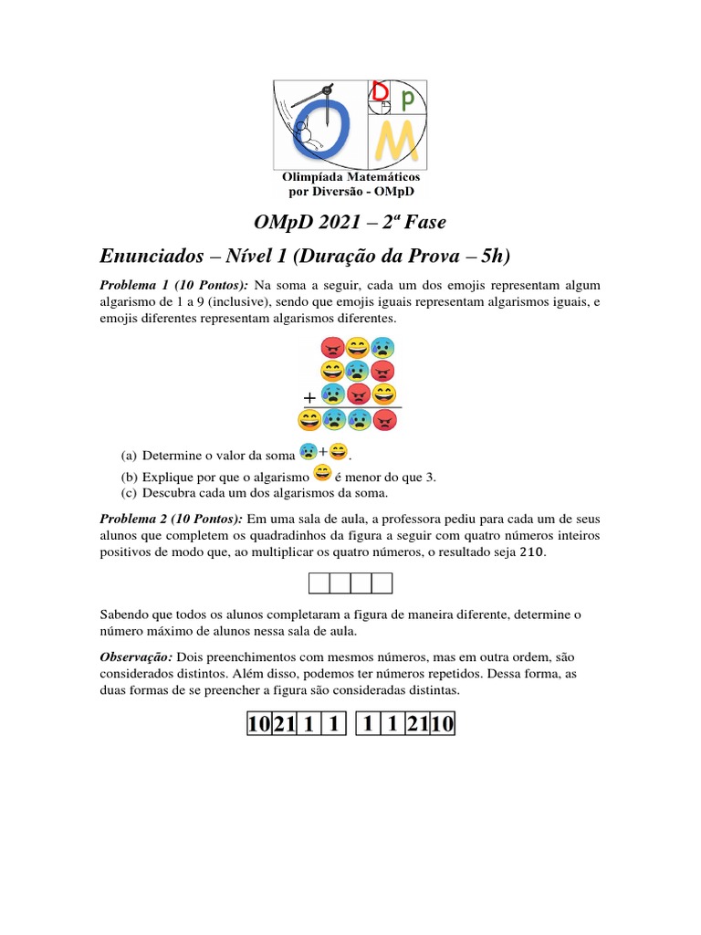 Desafios Matemáticos da OMpD 2021 - 2ª Fase | PDF | Números | Triângulo