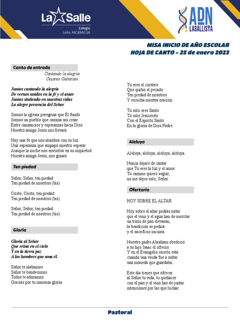 Cantos-Inicio de Clases | PDF | Misa (liturgia) | Creencia religiosa y doctrina