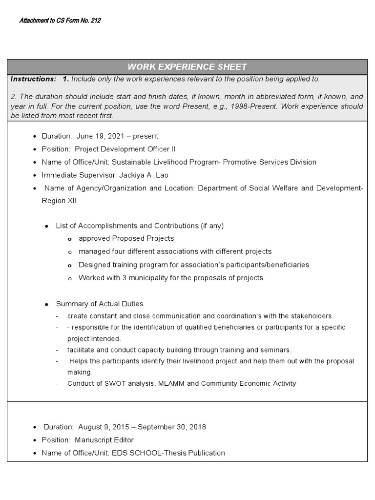 Cs Form No. 212 Attachment - Work Experience Sheet | PDF ...